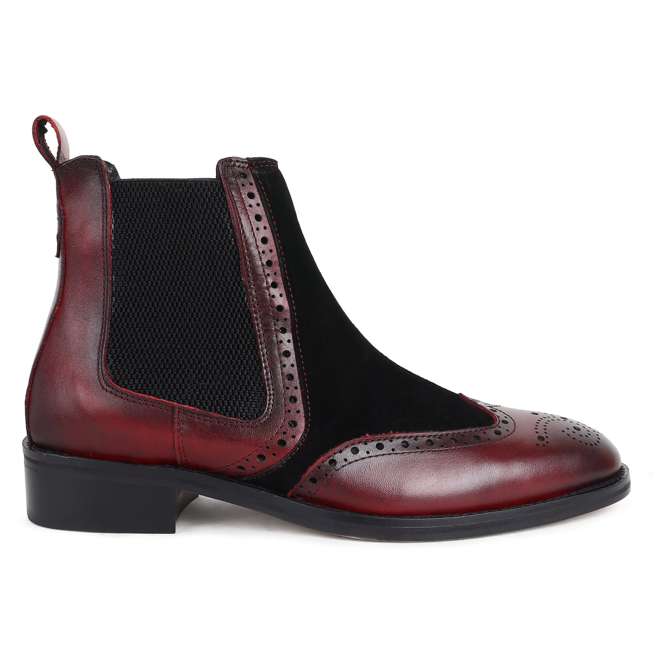 Piel Cuero Men’s Brogue Chelsea Boots in Cherry Leather & Black Suede